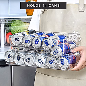 ROWNYEON Rolling Refrigerator Organizer Bins， Pop Soda Can Dispenser with Lid for Fridge, Pantry, Freezer， Beverage Holder，Canned Food Organizer – holds up to 11 tall and slim skinny cans