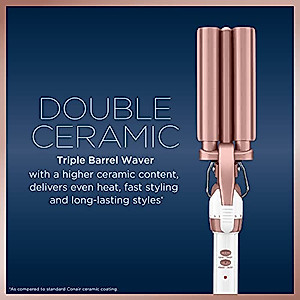 Conair Double Ceramic 3 Barrel Hair Waver, Beach Waver Curling Iron, Long-Lasting Natural Tight Waves