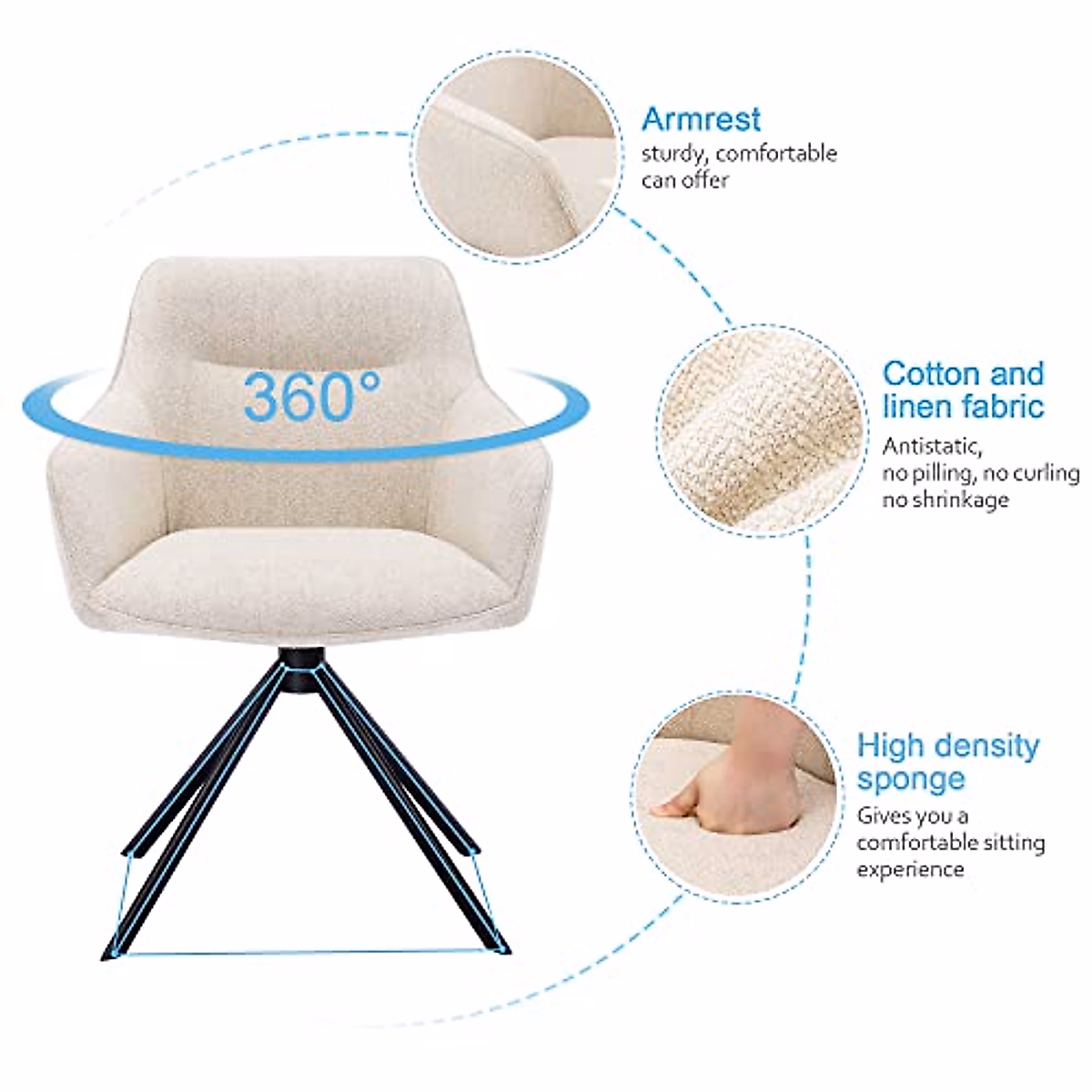 ONEVOG Modern Accent Chair Set of 1, 360 Degrees Swivel Armchair with Metal Legs, Make up Vanity Chair for Small Spaces, Comfortable Desk Chair No Wheels for Home Office, Off White