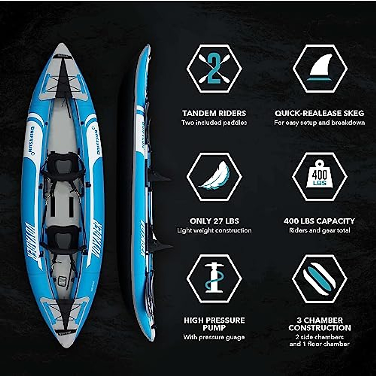 Driftsun Voyager Inflatable Kayak 2 Person Tandem, Foldable Kayaks for Adults Includes 2 Aluminum Paddles, 2 Padded Seats, Double Action Pump and Travel Backpack