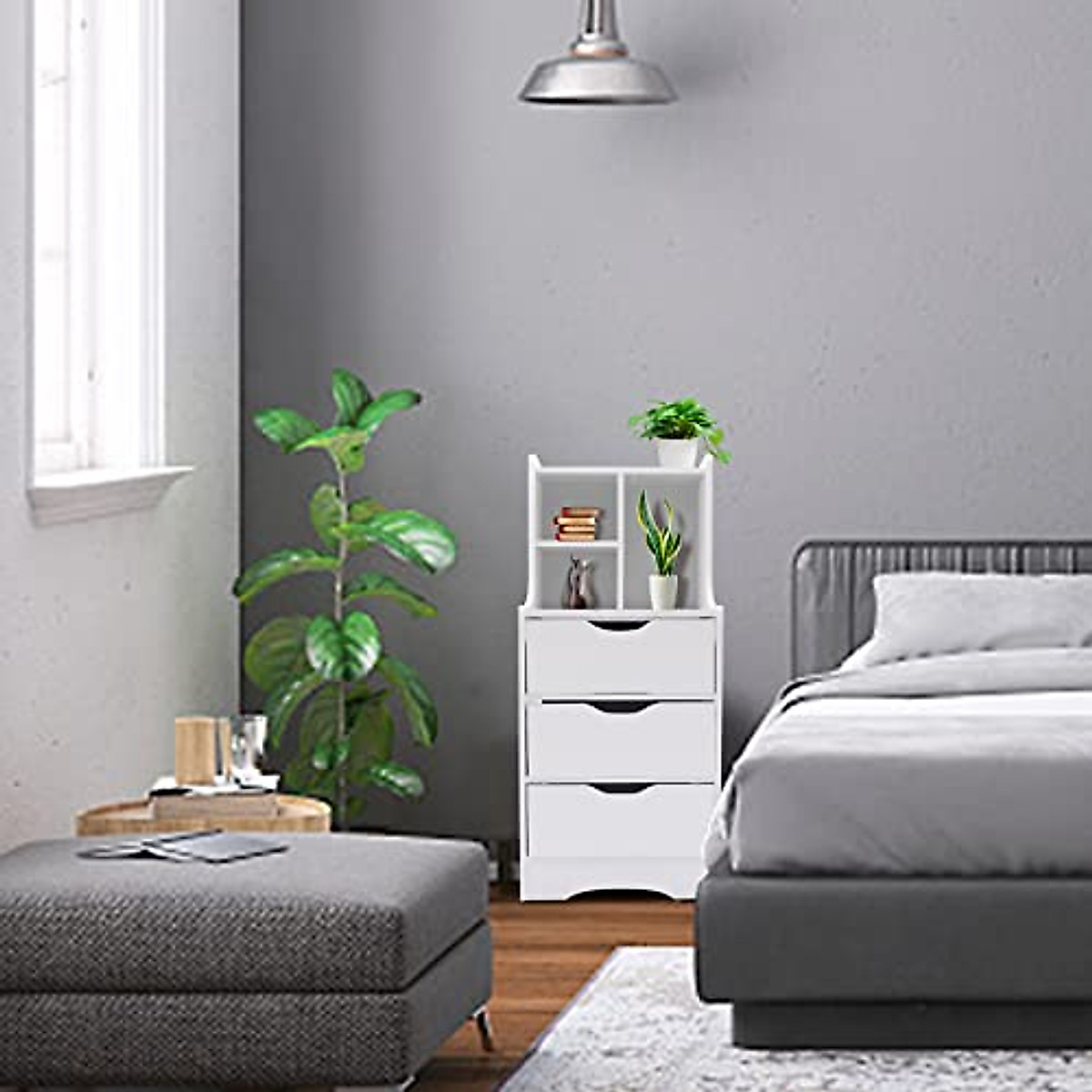 Modern Nightstand High Bedside Table, Multifunctional Bedside Cabinet White Bedroom Storage Side Table with Open Shelf for Indoor Room Storage (3 Drawers) (3 Drawers)
