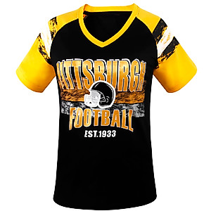 Geneisteck Womens Football Fans V Neck City Raglan T-Shirts - Black & Yellow Large