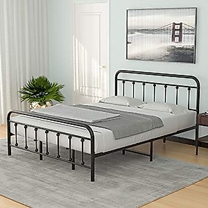 mecor Metal King Size Platform Bed Frame / Mattress Foundation with Vintage Headboard and Footboard / Heavy Duty Square Metal Frame / No Box Spring Needed -, Black