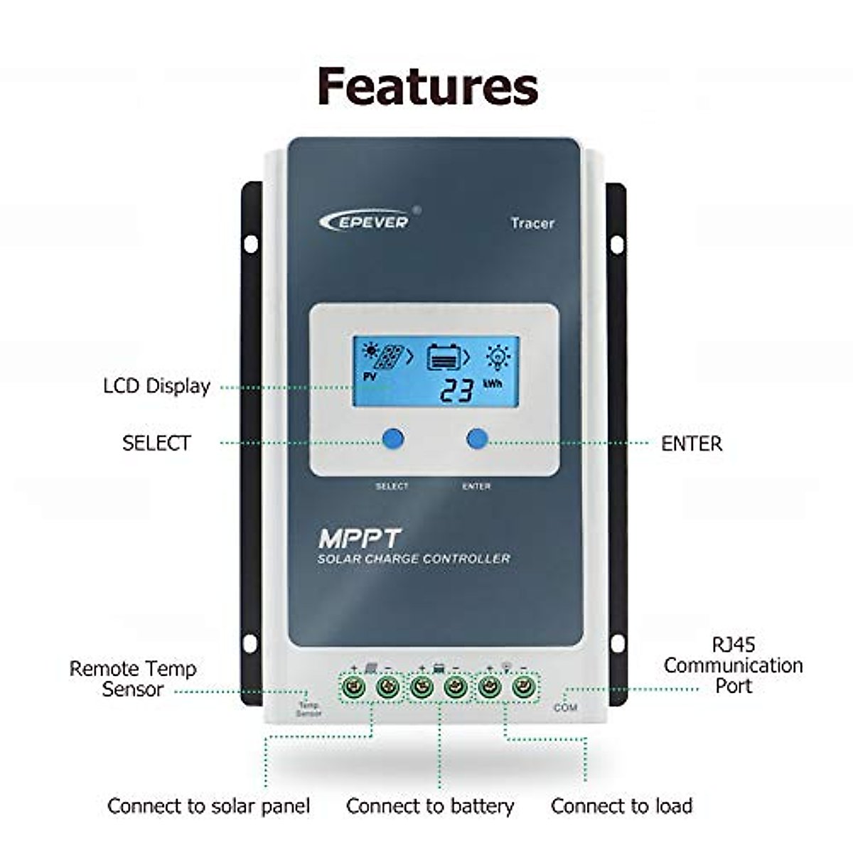 EPEVER 40A MPPT Solar Charge Controller 12/24V DC Tracer-an Series Charge Controller with MT50 Remote Meter &Temperature Sensor &RS485 Cable fit for Lithium, Sealed, AGM Battery Negative Grounded
