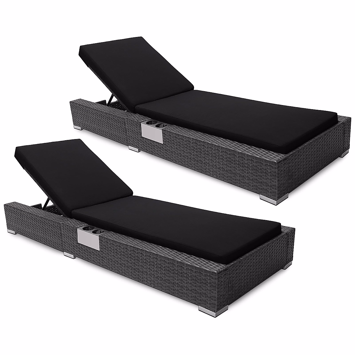 BULEXYARD Black Patio PE Wicker Lounge Chaise Chair Sets of 2 Conversation Rattan Outdoor Furniture Heavy Duty Deep Seating Recliner Handwoven (Black Lounge Chaise x2)