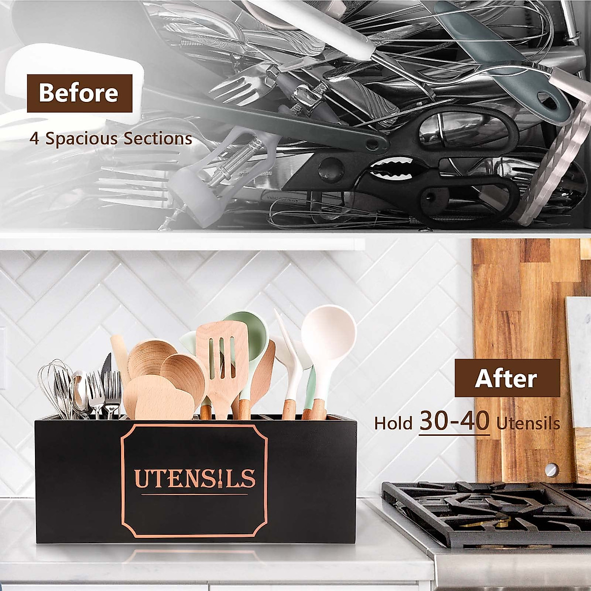 Yumkfoi Extra Large Utensil Holder with 4 Compartments, Wooden Farmhouse Utensil Organizer for Kitchen Counter, Rustic Cooking Utensil Crock Countertop Utensil Caddy Spatula Holder (Classic Black)