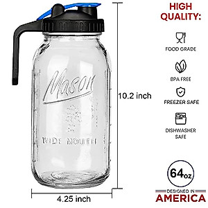 Half Gallon Mason Jar Pitcher Large Wide Mouth 64 oz with Lid - 2 Quart for Iced Tea, Sun Lemonade, Coffee, Airtight, Set of 1