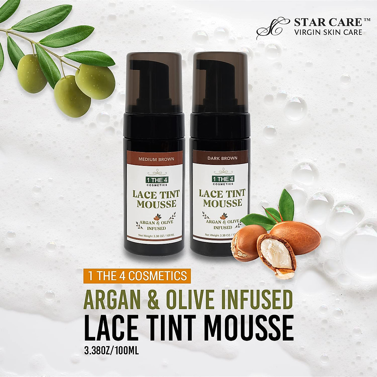 STAR CARE 1 THE 4 Cosmetics Argan & Olive Infused Lace Tint Mousse 3.38oz/ 100ml Concealer Tinted Mousse for Lace Wigs Hair Wigs Perfect Match Your Skin Tone (Medium Brown)