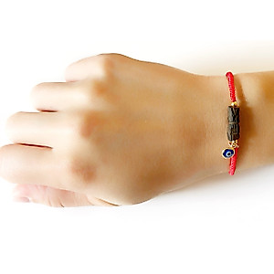 LESLIE BOULES Red Thread Genuine Azabache Hand Bracelet with Small Blue Evil Eye Connector Handmade Jewelry