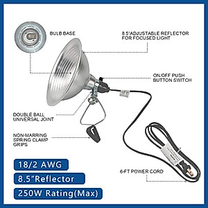 GREATIDE Clamp Lamp Light with Detachable 8.5 Inch Aluminum Reflector, 150 Watt E26 Socket (No Bulb Included), 6 Foot 18/2 SPT-2 Cord Cord