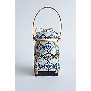 Siam Sawadee White Weaved Bamboo Rice Basket, Hand Woven Thai Rattan Jar, Handcrafted Traditional Household Wicker Container, Moroccan Pattern Painted, Handmade in Thailand, 7x12 inches