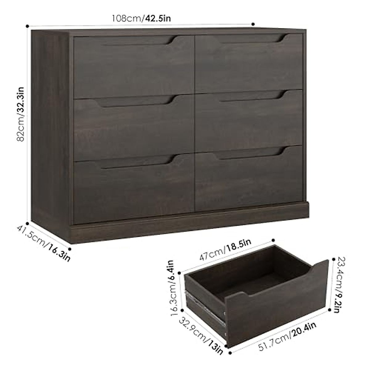 HOSTACK Modern 6 Drawer Dresser for Bedroom, Double Chest of Drawers with Storage, Large Wooden Storage Dresser Organizer with Cut-Out Handle, Accent Storage Cabinet for Living Room, Dark Brown