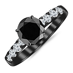Houston Diamond District 2.5 Carat 14K Black Gold Classic Prong Set Diamond Engagement Ring with a 2 Crt Black Diamond Center (Heirloom Quality)