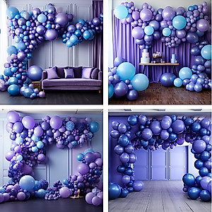 RUBFAC 136Pcs Blue and Purple Balloons Arch Garland Kit, 18/12/5 Inch Metallic Blue Party Balloons Set Silver Confetti Latex Balloons for Birthday Wedding Baby Shower Gender Reveal Deorations