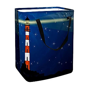Lighthouse and Stars Blue Laundry Basket Large Cloth Organizer Bag Basket Foldable Laundry Hamper with Handles