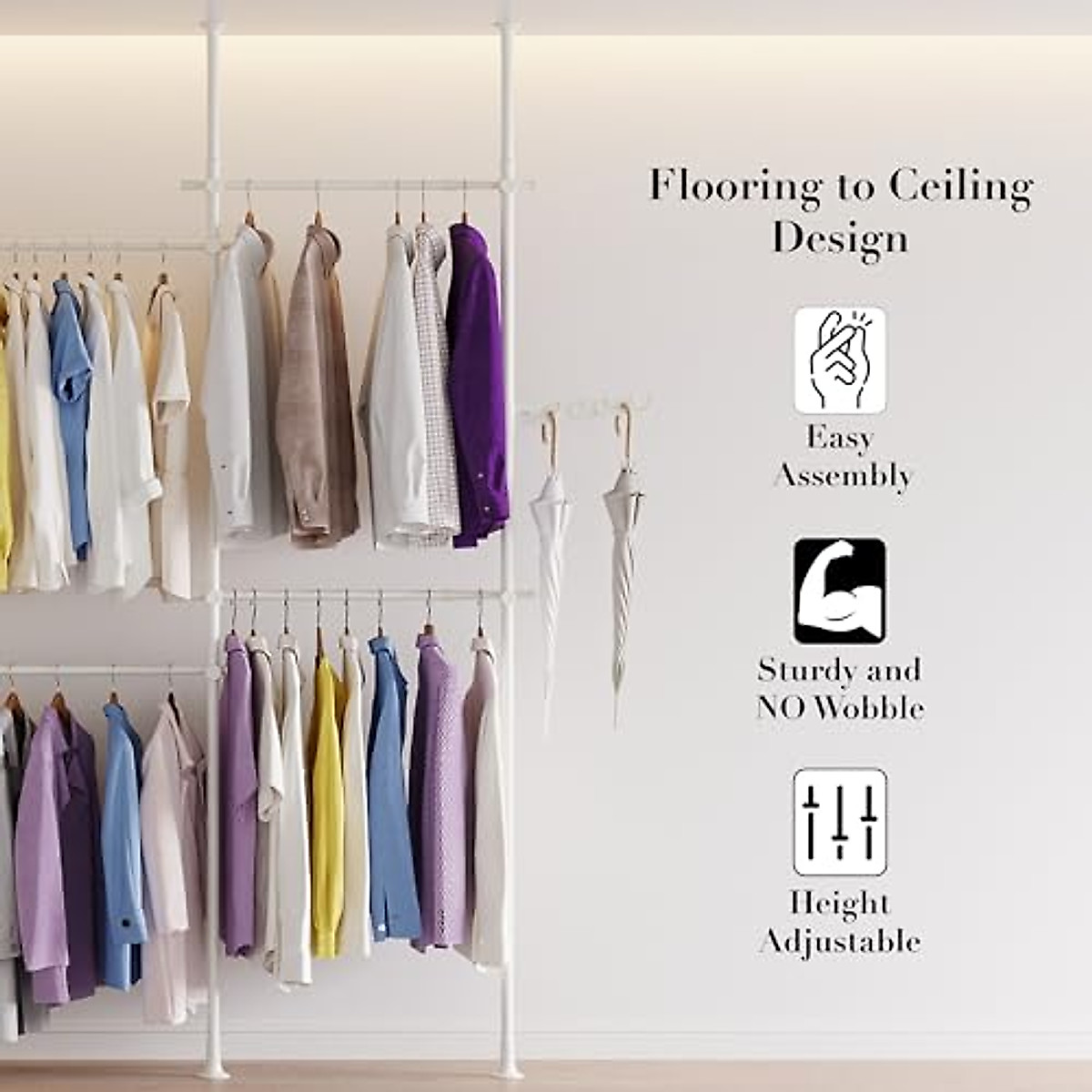 DYN Ptah Floor to Ceiling Adjustble Garment Rack, Heavy Duty Double 2-Tier Clothes Rack, Free Standing Clothes Laundry Drying Rack, Clothing Hanger Tension Rod Closet System Wardrobe Storage White