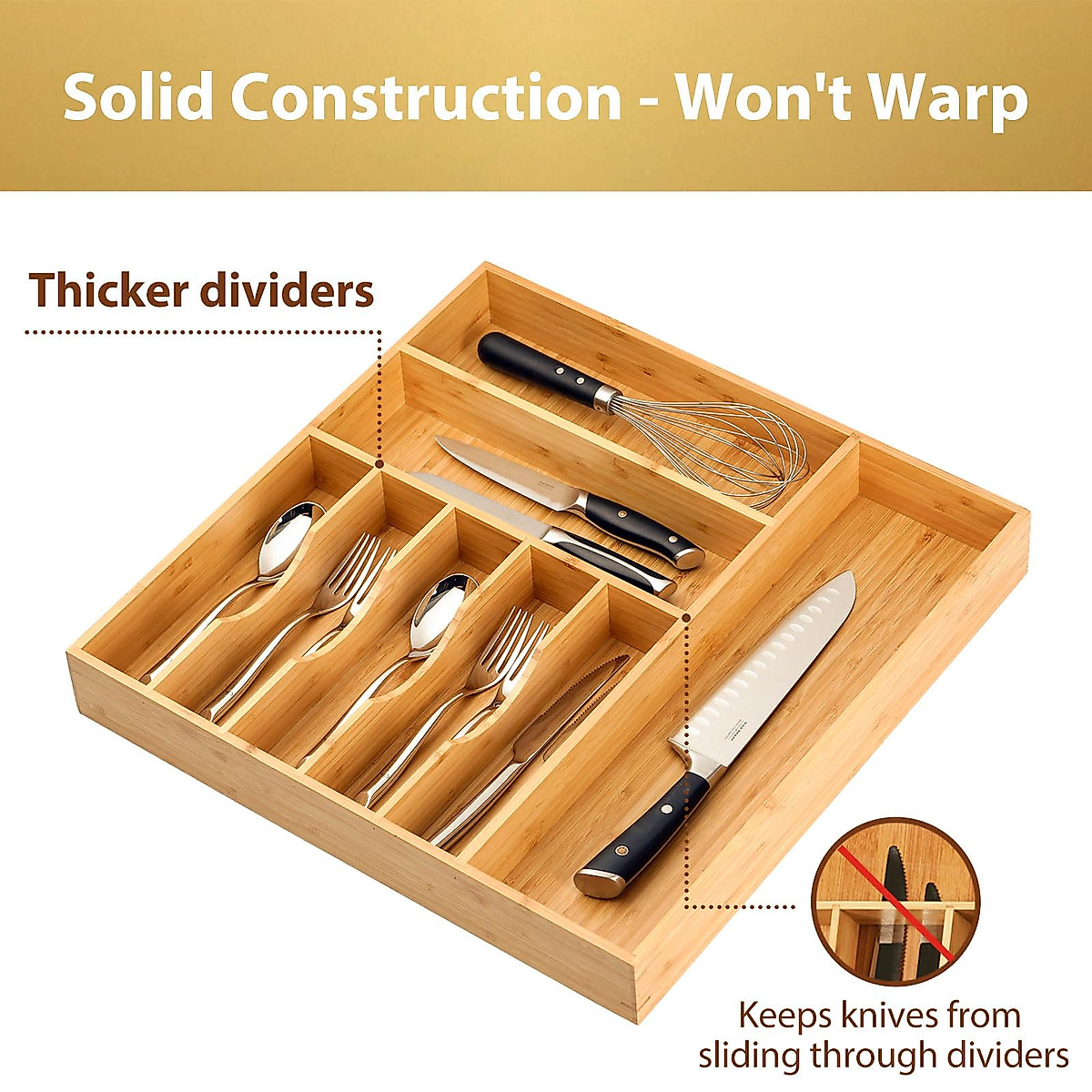 Umilife Large Kitchen Drawer Organizer, 19"x19" Silverware Utensils Organizer, 2.5" High for Large Deep Drawers, Bamboo Flatware Holder with Thick Frames, Sturdy Kitchen Organization Tray