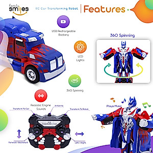 Family Smiles Kids Transforming Robot RC Truck Toys for Boys 8-13 Remote Control Car Gift Blue
