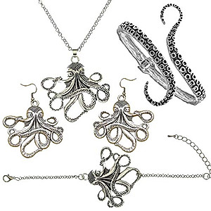 RechicGu Vintage Silver Octopus Jewelry Set Sea Creature Kraken Tentacle Necklace Earrings Bangle Anklet Bracelet Nature Pack Fisherman Fish Gift