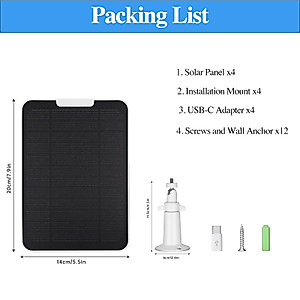 Upgrade 5V 6W Solar Panel for Security Camera, Compatible with Eufycam 2C/2C Pro/2/2 Pro/E20/E40/E, Continuous Power Supply with Micro USB Port, USB-C Adapter and 9.8ft/3m Charging Cord, 4 Pack
