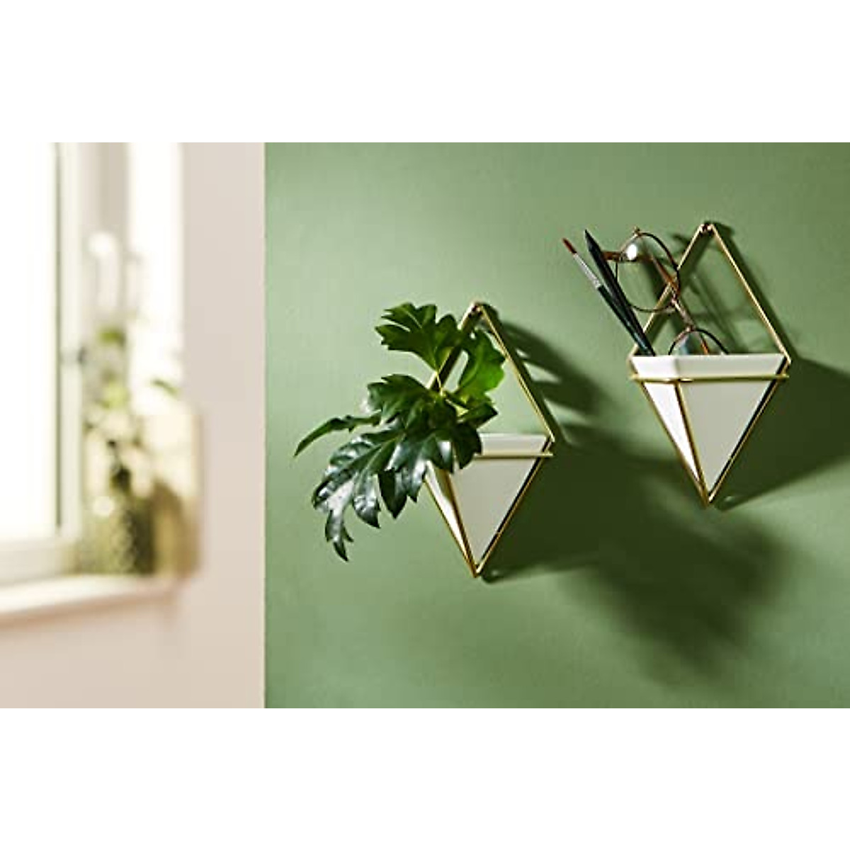 Umbra Trigg Hanging Planter Vase & Geometric Wall Decor Container - Great For Succulent Plants, Air Plant, Mini Cactus, Faux Plants and More, White Ceramic/Brass (Set of 2), Small