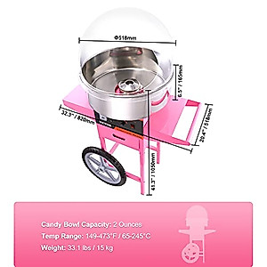 VEVOR Electric Cotton Candy Machine Cart with Bubble Cover Shield, 1000W Commercial Floss Maker with Stainless Steel Bowl, Sugar Scoop and Drawer, Perfect for Home, Kids Birthday, Family Party, Pink