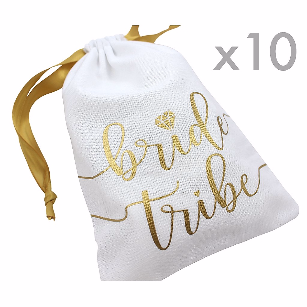 10pc Bride Tribe Drawstring Bags w/Satin Ribbon, 7x5” - Cotton Pouch for Bridesmaids, Bachelorette, Bridal Party, Bridal Shower, Wedding Favor, Survival Kit, Hangover Kit (10pc Pack, White & Gold)