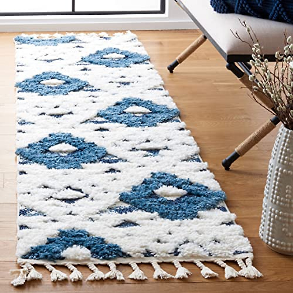 Safavieh Moroccan Tassel Shag Collection Runner Rug - 2'3" x 12' Runner, Blue & Ivory, Boho Design, 2-inch Thick Ideal for The Living Room, Bedroom, Dining Room (MTS688M-212)
