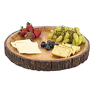 GoCraft Round Wooden Serving Platter with Tree Bark on Edges | Mango Wood Pizza Platter, Serve Board | Charcuterie Platter - 13"