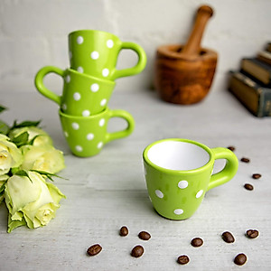 City to Cottage Handmade Lime Green and White Polka Dot Ceramic 2oz/60ml | Espresso Cup Set of 4, Unique Designer Pottery for Coffee Lovers