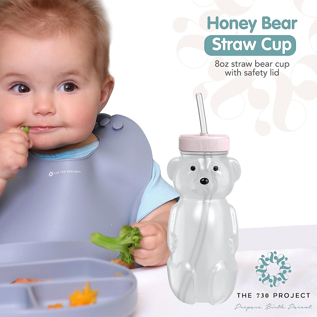 The 730 Project Honey Bear Straw Cup for Babies, 8-oz Honey Bear Cup with Lid, 3-Pack Therapy Learning Honeybear Straw Cup, Baby Honey Bear Bottle Set, Cherry Blossom PINK