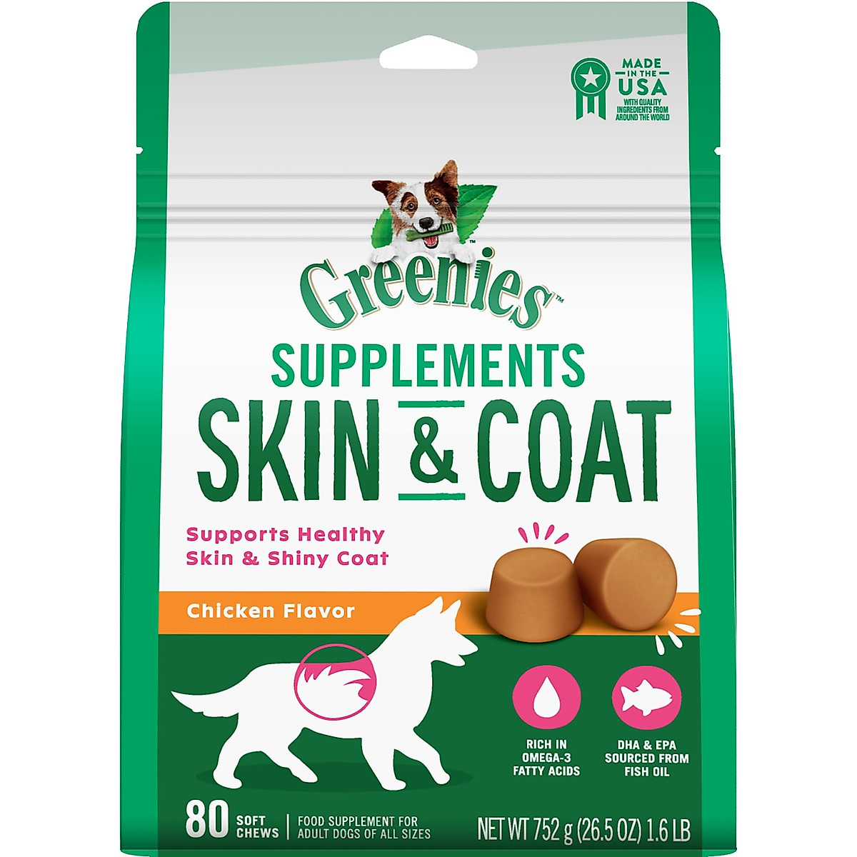 Greenies Skin & Coat Food Supplements with Omega 3 Fatty Acids Chicken- Flavor Soft Chews for Adult Dogs, Count of 80, 1.66 LB