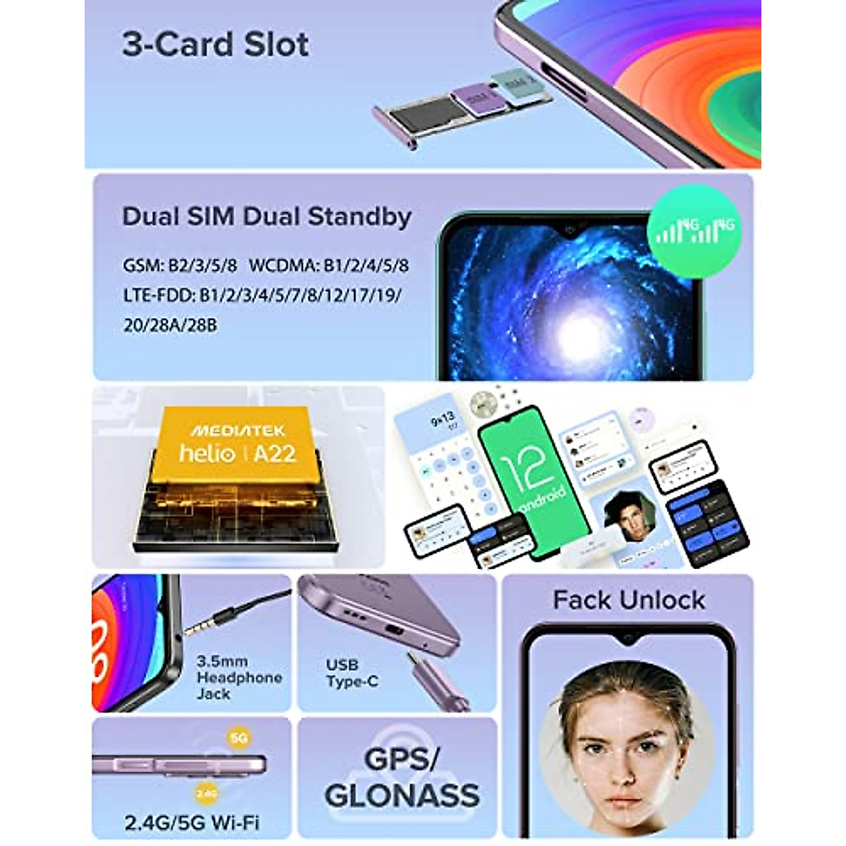 Ulefone Unlocked Smartphone, Note 14 Cell Phone Unlocked, Android 12, 6.52" IPS Full-Screen, 4500mAh, 7GB + 16GB, Triple Card Slots, 8MP Camera, Dual SIM, Face Recognition, 4G Cheap Phones - Green