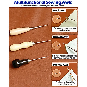 PLANTIONAL 34 PCS Basic Leather Sewing Kit: Upholstery Thread Cord, Leather Waxed Thread with Sewing Awl, Seam Ripper, Tape Measure Large-Eye Stitching Needles for DIY Leather Craft Repair