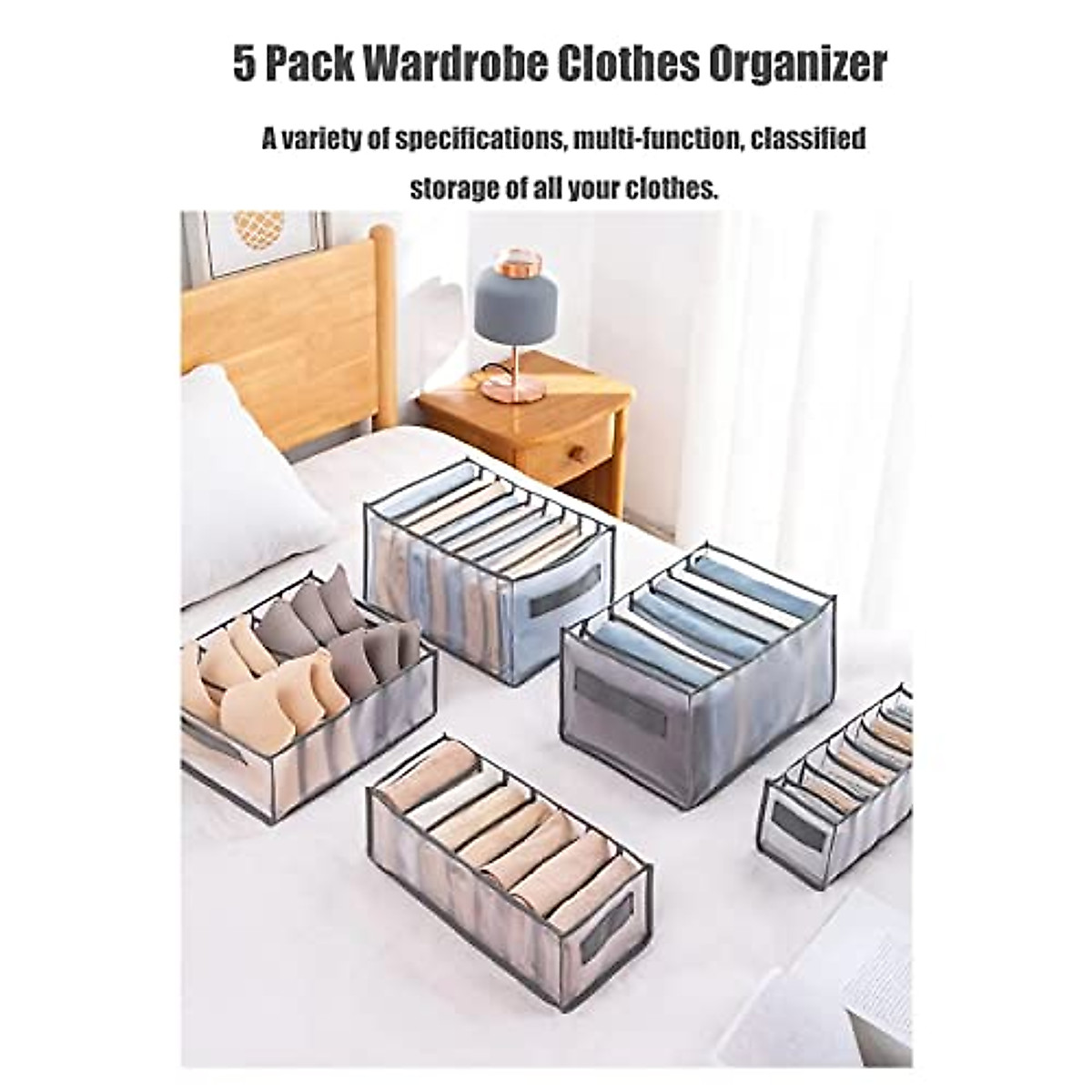 AINIJIA&HOLO 5 Pack Salcouth Organizers,Wardrobe Clothes Organizer, Mesh Foldable Washable Transparent Drawer Organizers for Jeans, Leggings, Underwear, Socks, T-Shirts (Grey)
