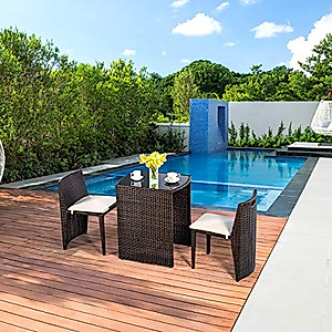 HAPPYGRILL 3PCS Patio Wicker Bistro Set Outdoor Rattan Dining Set Patio Furniture Set with Cushions, Space Saving Design, No Assembly Required