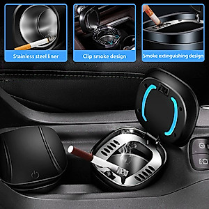 Car Ashtray with Lid Smell Proof, Smokeless Ashtray, Mini Car Trash Can, Detachable Stainless Steel Ash Tray with Lid and LED Blue Light