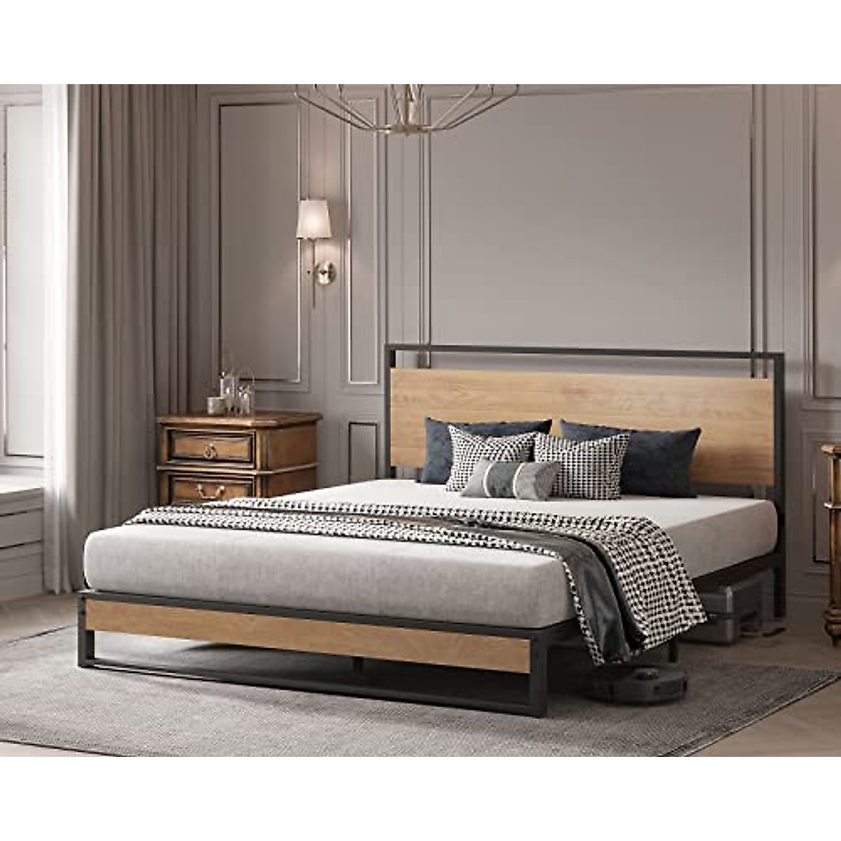 Nazhura Metal Queen Size Platform Bed Frame with Wood Headboard/Footboard (Queen (U.S. Standard))