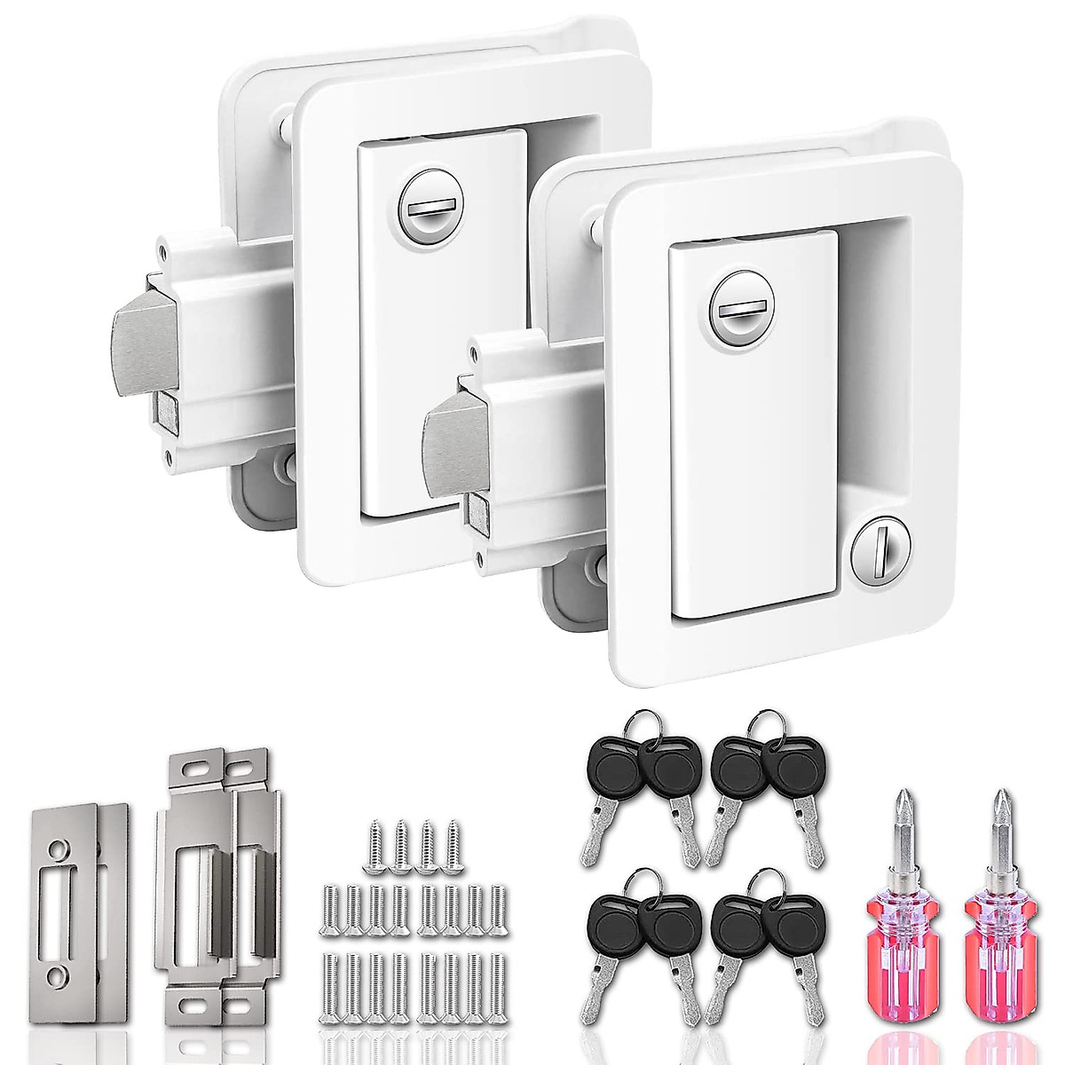 RV Door Lock 2 Pack White Camper Door Lock Travel Trailer Door Latch Zinc Alloy RV Entry Door Latch RV Door Lock Replacement Kit with Keys for Camper Horse Trailer Cargo Hauler