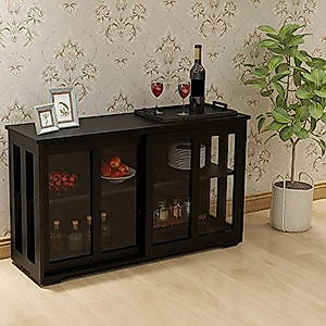 RASOO Buffet Sideboard with Sliding Glas Door and Adjustable Shelf Stackable Kitchen Storage Cabinet Antique Cupboard Kitchen Sideboard Storage Cabinet Home Furniture, Black