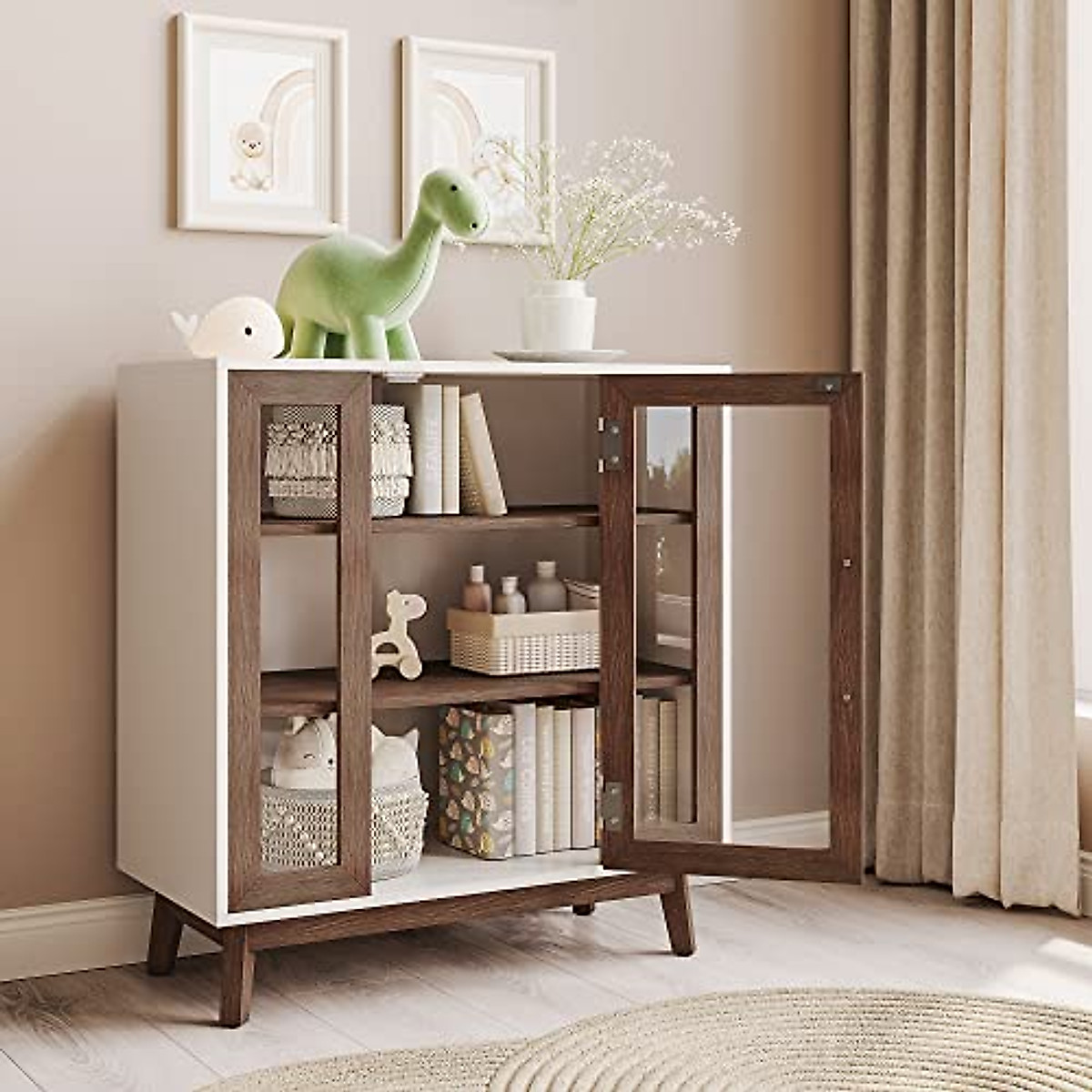 BELLEZE Sideboard Buffet Cabinet, Modern Curio Cabinet 3-Tiers Console Table for Kitchen Glass Display Cabinet Storage/Pantry Cabinet Coffee Bar for Living Room Bedroom Entryway, Brown