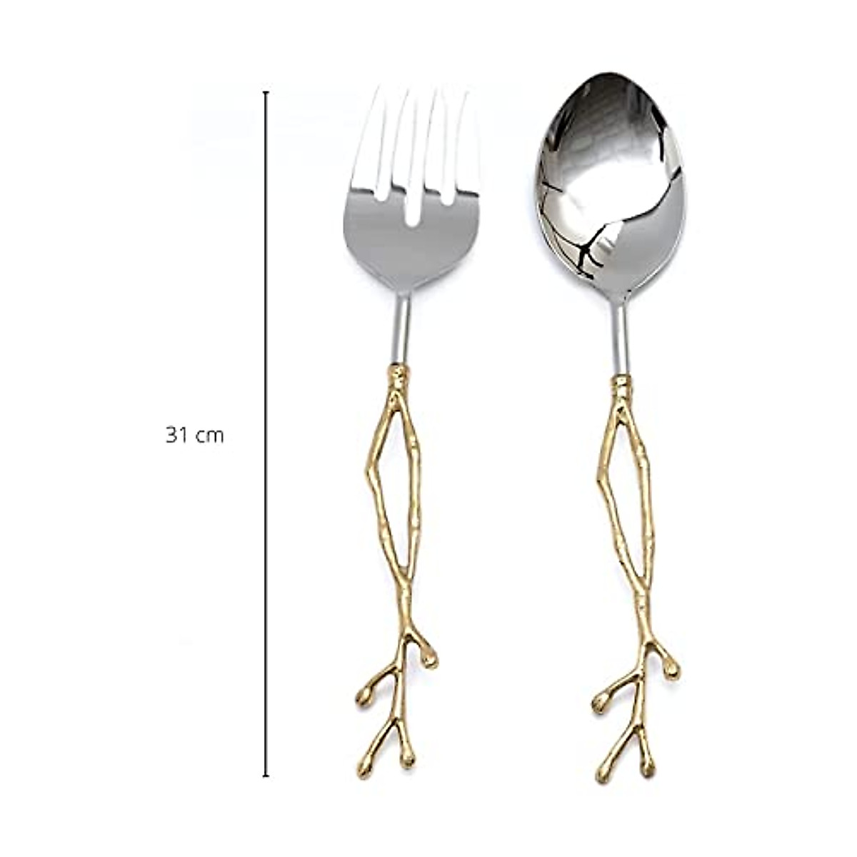 Twig Salad Servers Brass & Stainless Steel, Fork & Spoon Set Leaf Design, Two Tone Ideal for Weddings, Dinner Parties, Elegant Flatware, Housewarming Gifts, Stainless Steel Mirror Polished (Gold Twig)