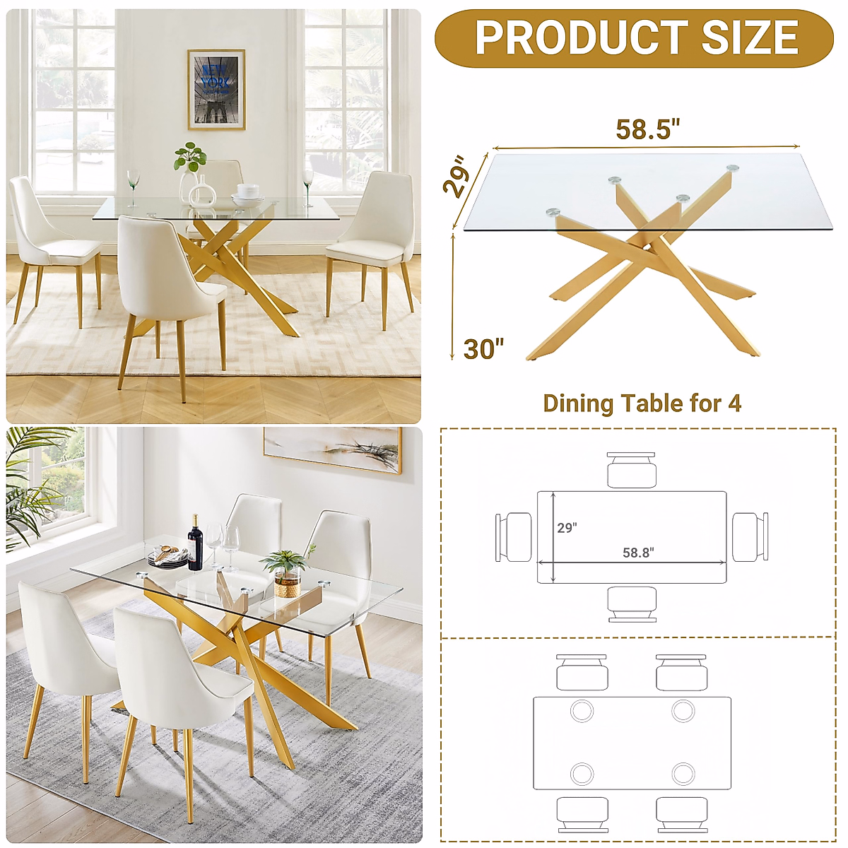 Edwin's Choice 58.5” Rectangle Glass Dining Table, Tempered Glass Table Top and Metal Tubular Legs, Modern Style Table for Home, Kitchen, Dining Room 58.5”Lx29”Wx30”H, Gold (Table Only)