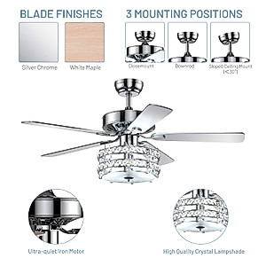 Tangkula Ceiling Fan with Crystal Light, 52 Inches Classical Ceiling Fan with Remote Control & 5 Iron Reversible Blades, 3 Speeds & 8 Hours Timer Function & Mute Motor (Silver)