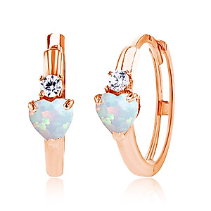 Solid 14K Rose Gold 4mm Heart Created Opal October Birthstone Huggie Earrings For Women & 2mm Created White Sapphire Huggie hoop Earrings For Women