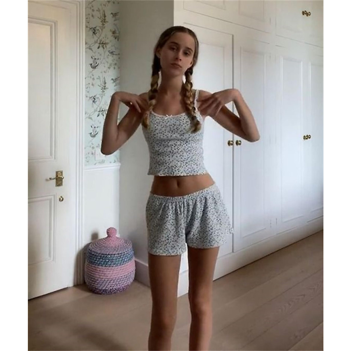 Yuemengxuan Two Piece Outfits for Women Lounge Set Y2k Crop Top Shirt Shorts Set Summer Outfits Loungewear Pajamas Set (Blue #G, M)