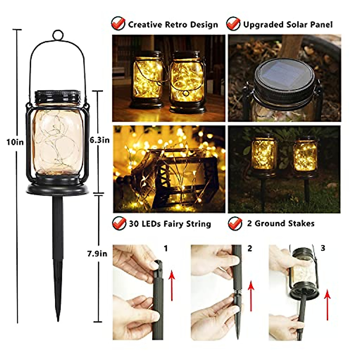 Solar Mason Jar Lantern, 2 Pack 30 LED Hanging Solar Mason Jar Lights Outdoor Retro Waterproof Fairy Lights with Stakes for Garden, Lawn, Patio, Yard, Pathway (2 Pack)