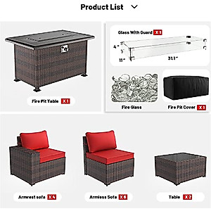 Kullavik 13PCS Outdoor Patio Furniture with 43" 55000BTU Gas Propane Fire Pit Table PE Wicker Rattan Sectional Sofa Patio Conversation Sets,Red