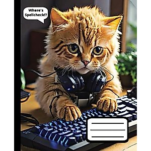 Composition Notebook Wide Ruled: Cute Kawaii Aesthetic Kitten Cat with Headphones, Office Computer School Notebook for Teens, Girls, Kids, Women, ... Journal: 7.5" x 9.25", 100 Lined Pages