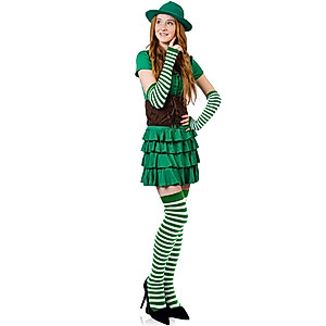 Blulu St Patrick's Day Knee High Socks Green Striped Fingerless Gloves Irish Arm Warmers
